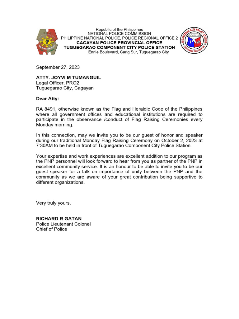 Invitation Letter Re Flag Raising | PDF