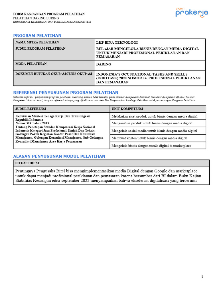 SN 2023 - Daring - Luring - RPP (Rancangan Program Pelatihan) LKP Bina Teknologi | PDF