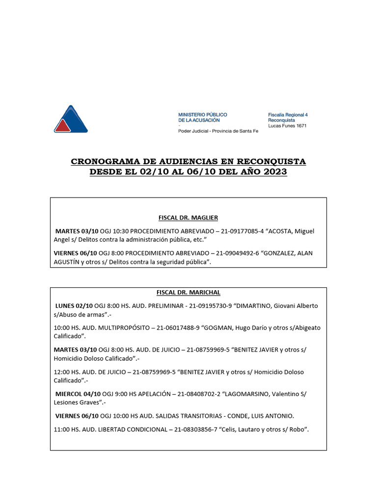 Cronograma de Audiencias en Reconquista Desde El 02 | PDF Cronograma de Audiencias en Reconquista Desde El 02 | PDF