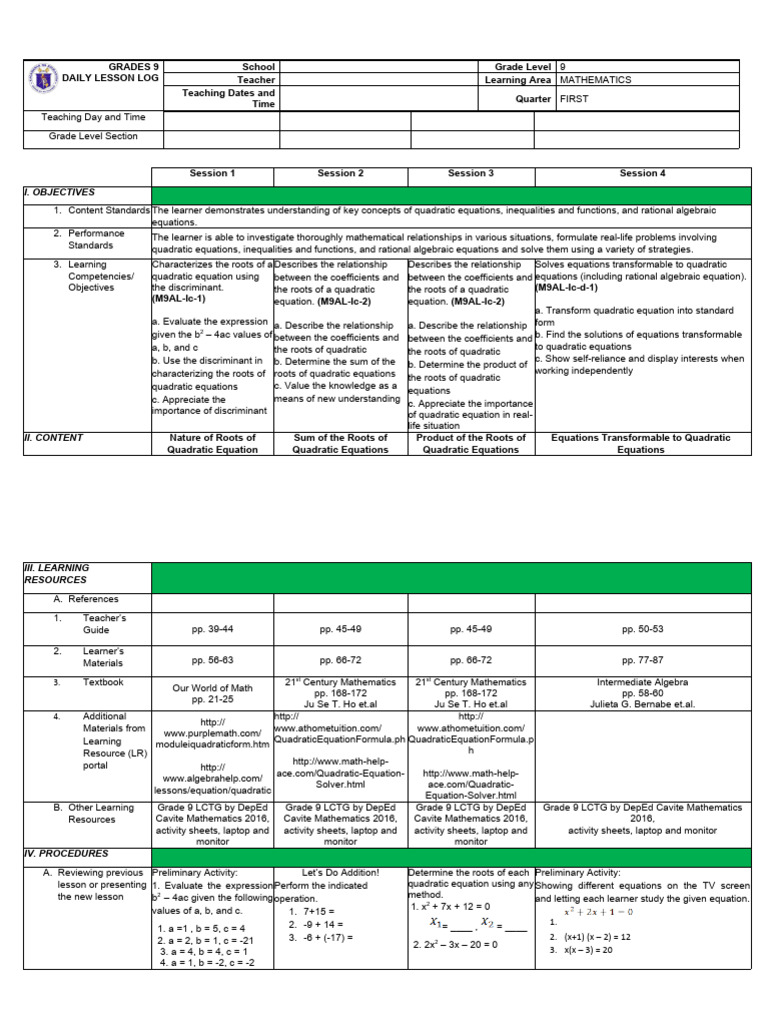 Grade 9 Mathematics Quadratic Equations Guide | PDF | Quadratic ...