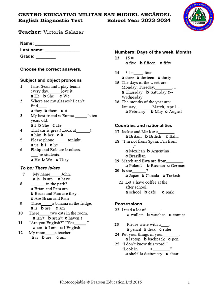 3rd GRADE Diagnostic Test 2023-2024 | PDF