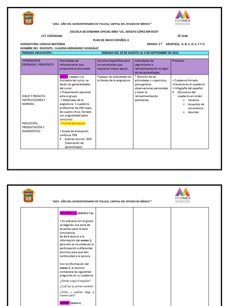 PLAN DE INICIO Español Ciclo Escolar 22-23 | PDF