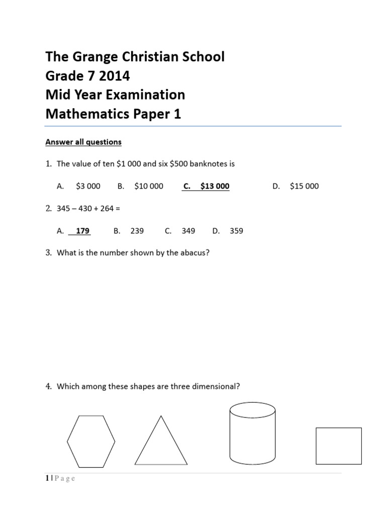 Grade 7 2014 Mid Yr Maths Paper 1 Answers | PDF