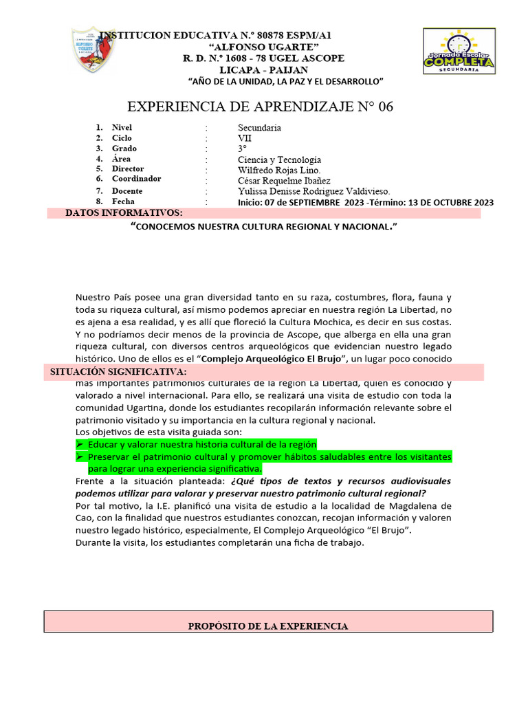 EXPERIENCIA DE APRENDIZAJE N°06 CYT 3er Año. | PDF