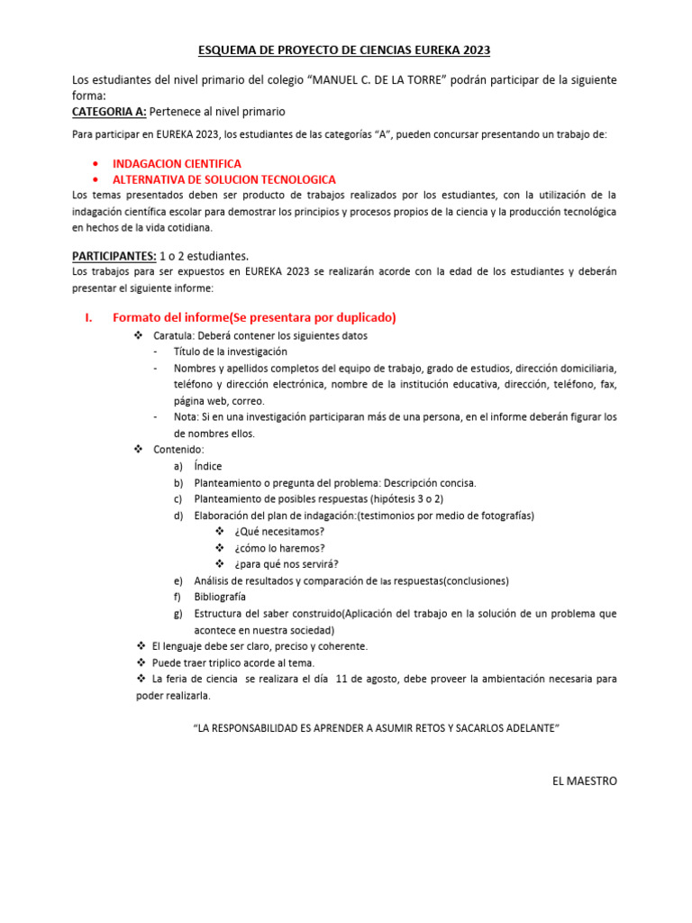 Esquema de Proyecto de Ciencias Eureka 2023 | PDF