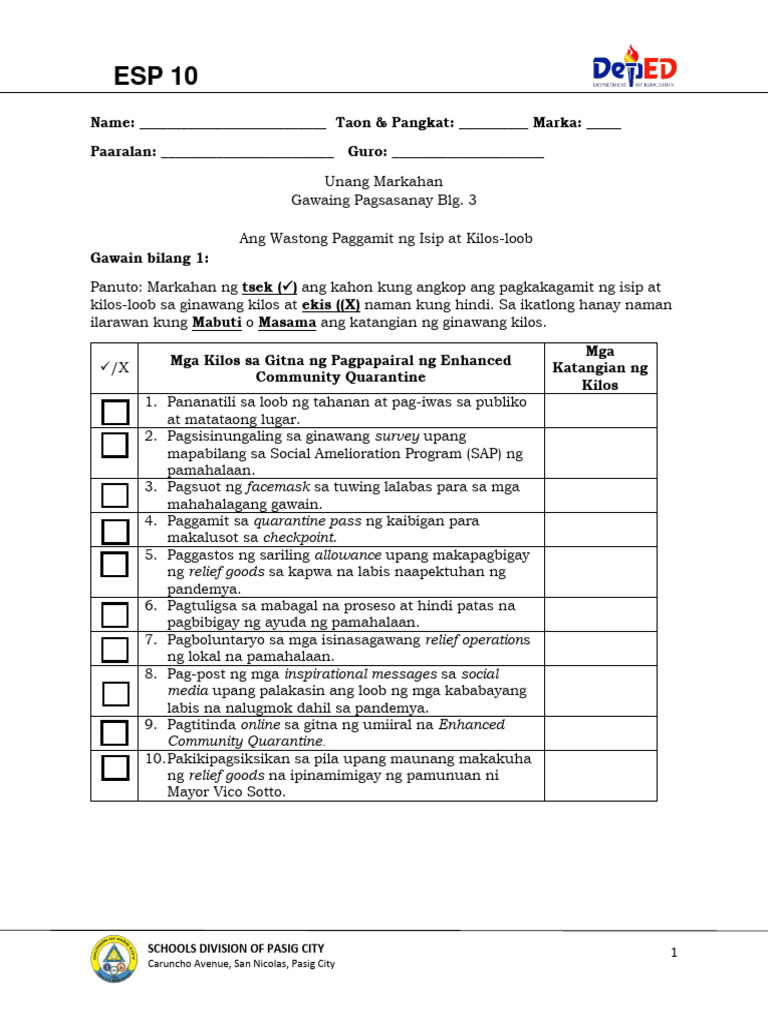 EsP 10 Q1 G.Pagsasanay 3 | PDF