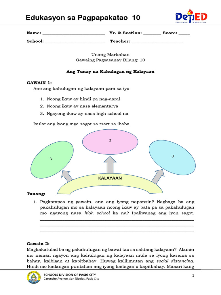 EsP 10 Q1 G.Pagsasanay 10 | PDF
