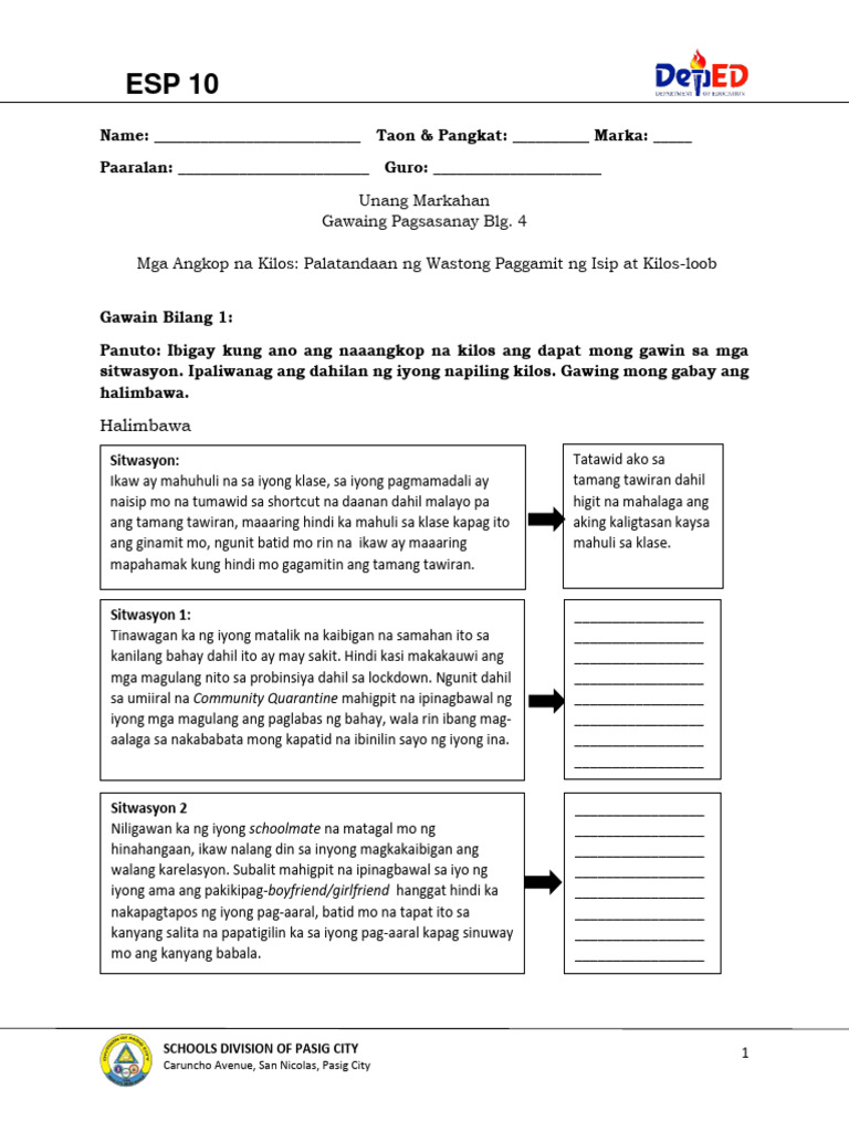 EsP 10 Q1 G.Pagsasanay 4 | PDF