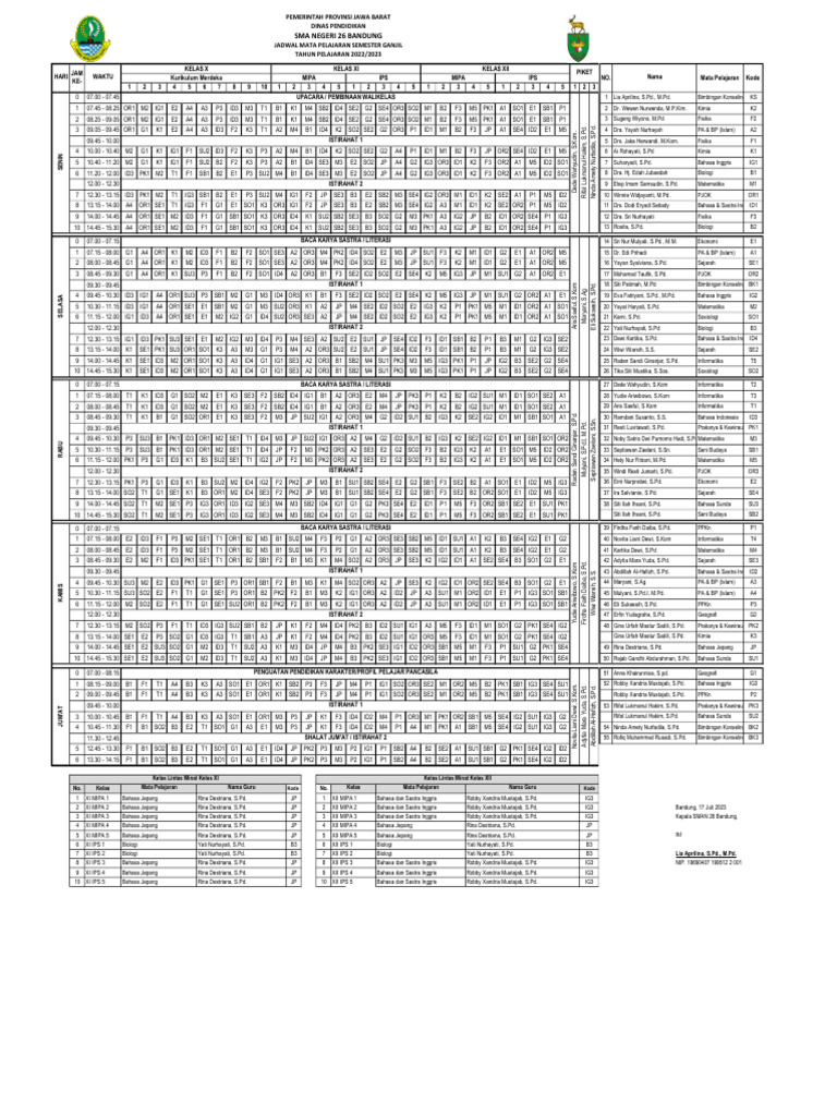 Jadwal Pelajaran Semester Ganjil 2023-2024 Revisi | PDF