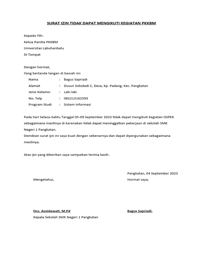 Surat Ijin Tidak Mengikuti Kegiatan Ospek | PDF