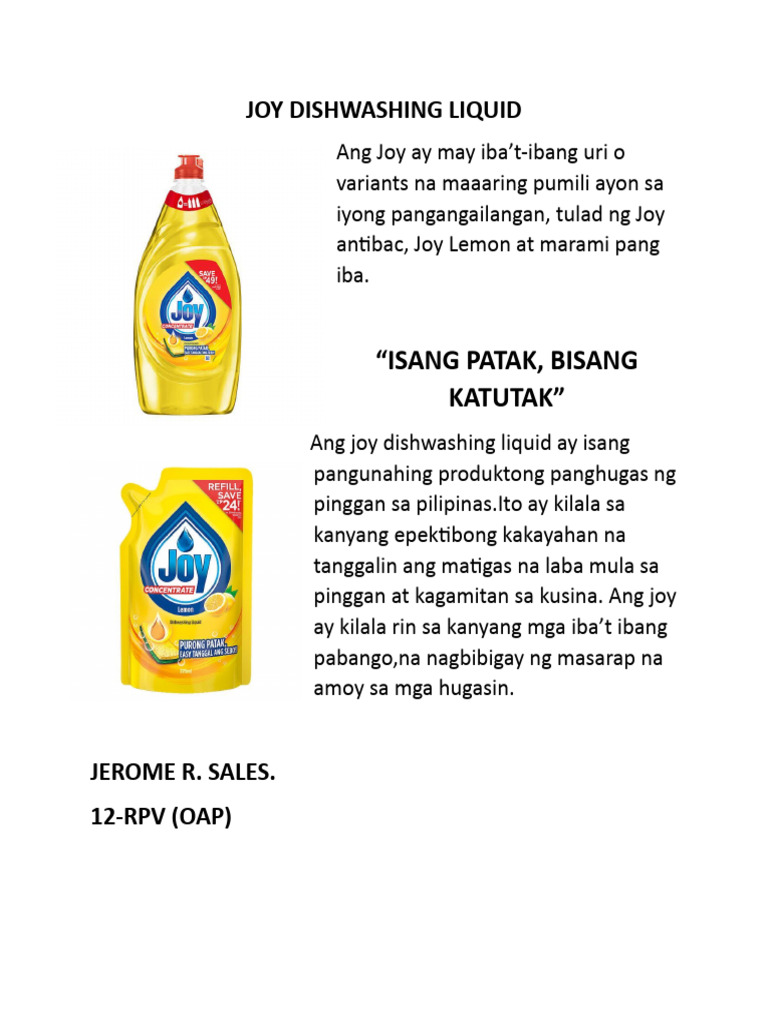 Joy Dishwashing Liquid Tagline Overview | PDF