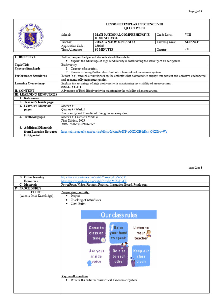 LESSON EXEMPLAR IN SCIENCE VIII | PDF | Biodiversity | Natural Environment