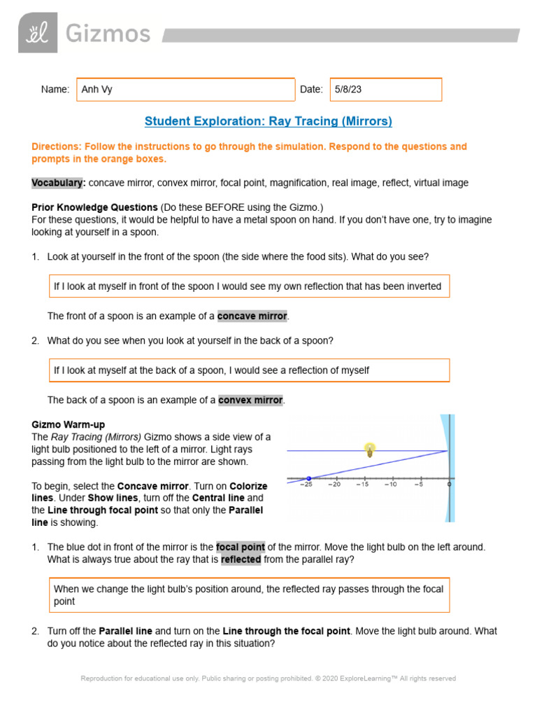 SNC2D Reflections Lab - Ray Tracing (Mirrors) | PDF