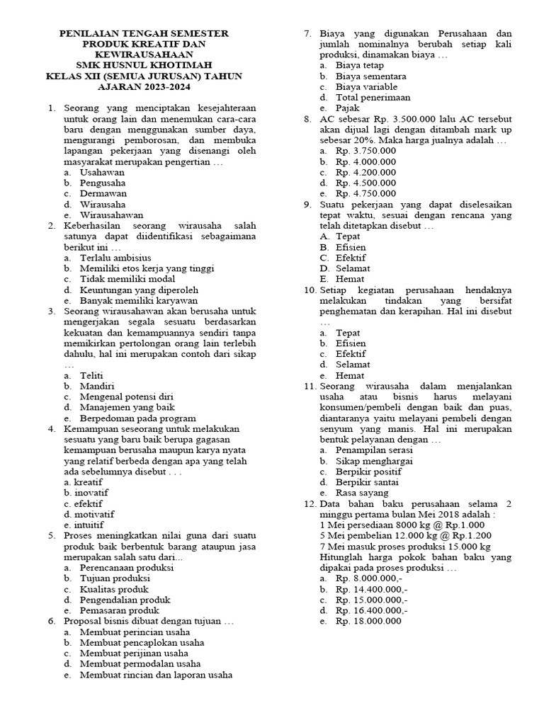 Soal Uts Kelas Xii HK | PDF