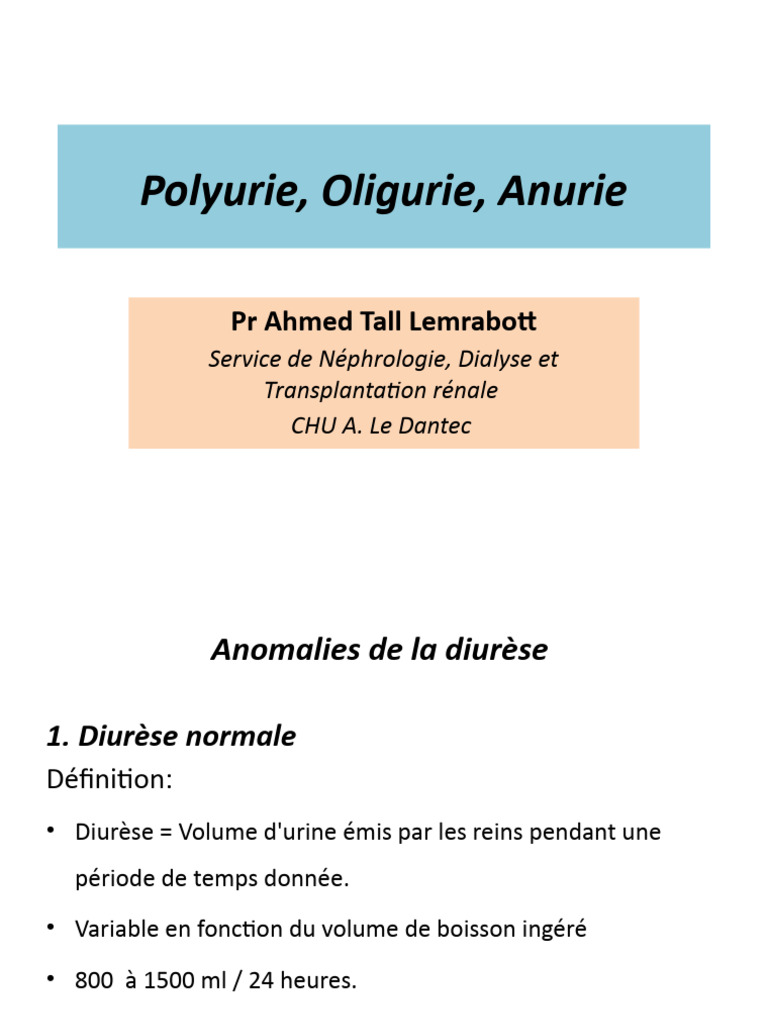 Anurie Oligurie Polyurie HU PU LU | PDF