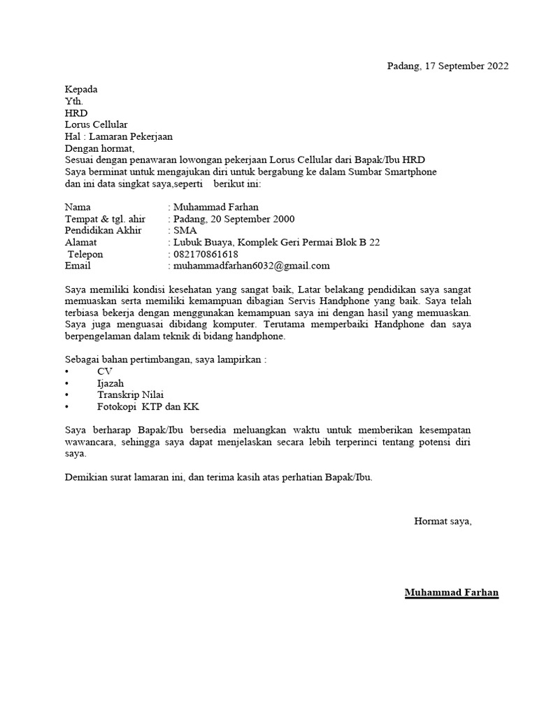 SURAT LAMARAN BG Farhan Lorus Celular | PDF