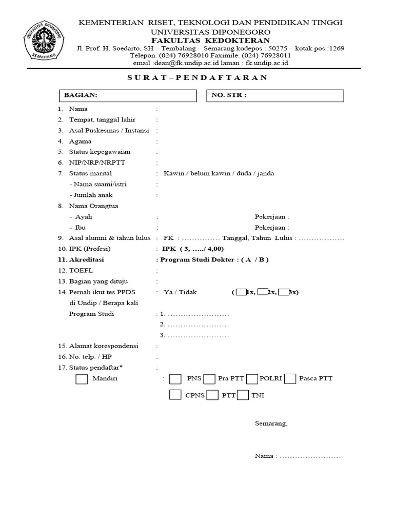 Formulir Pendaftaran PPDS FK Undip | PDF