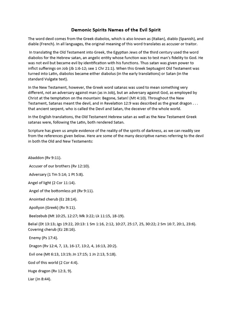 Demonic Spirits Names of the Evil Spirit | PDF | Satan | Devil