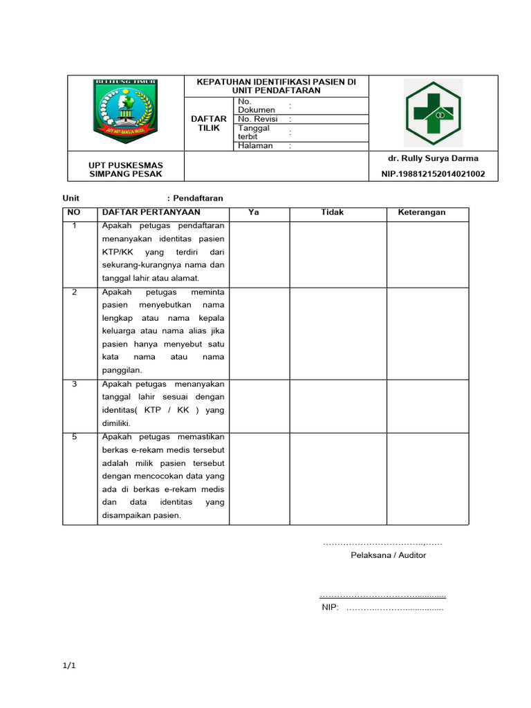 Daftar Tilik Kepatuhan Identifikasi Pasien Di Pendaftaran Puskesmas ...