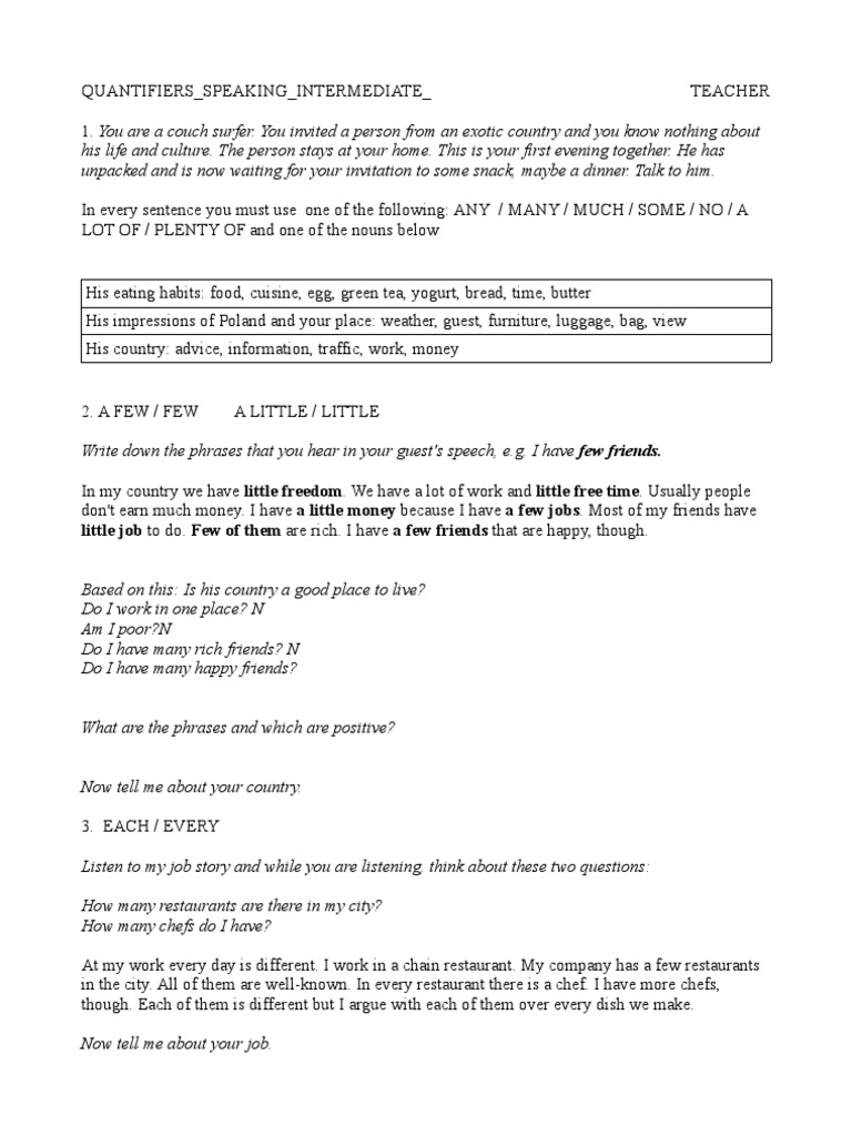 Quantifiers Speaking Activity Int | PDF