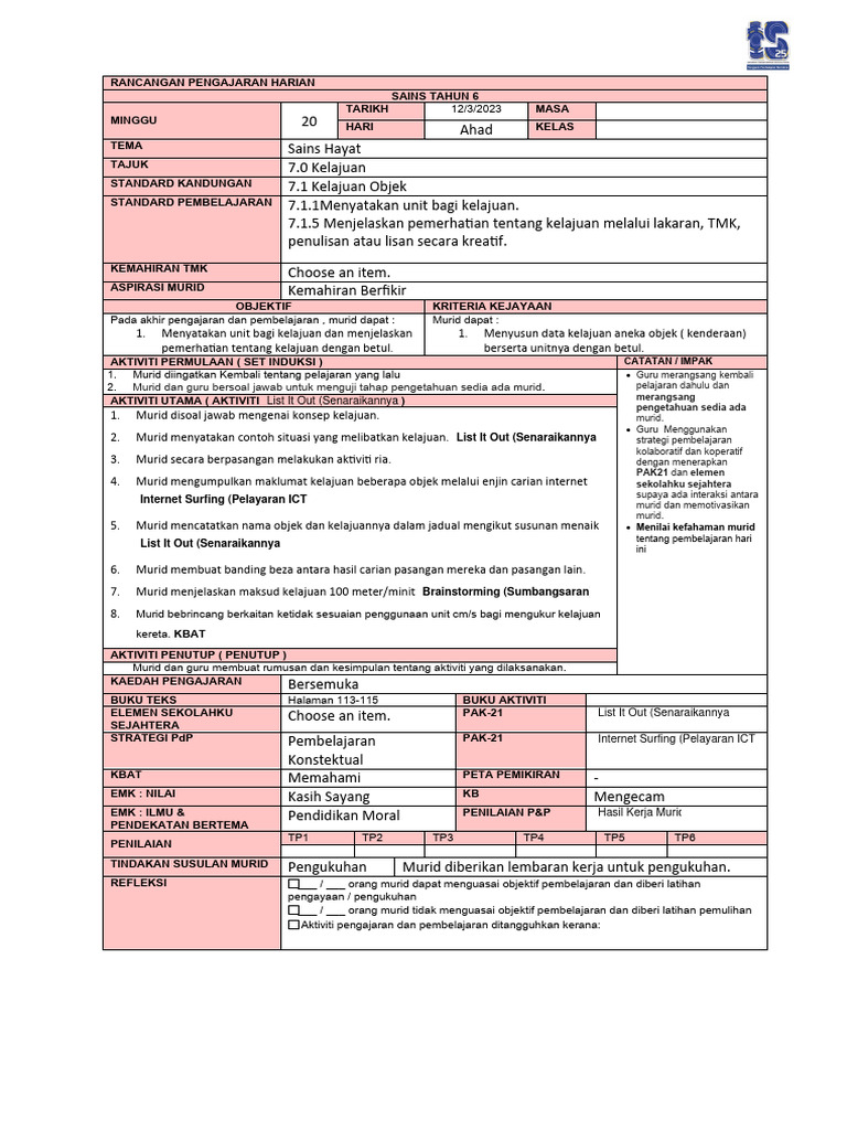 RPH Minggu 20 Sains THN 6 2023 by Cikgu Gorgeous | PDF