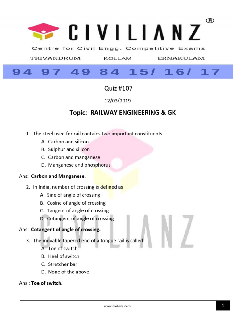Railway Engineering Quiz Questions | PDF