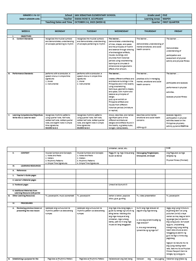 DLL - Mapeh 5 - Q1 - W6 | PDF