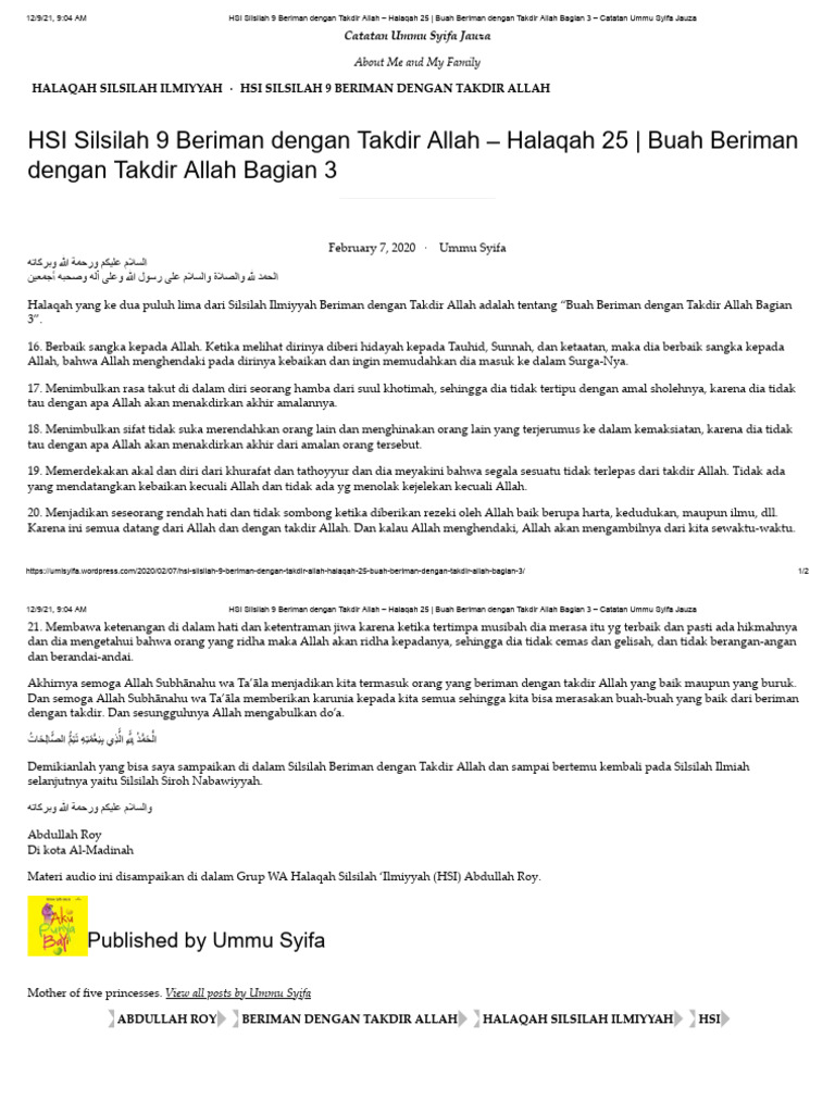 HSI Silsilah 9 Beriman Dengan Takdir Allah - Halaqah 25 - Buah Beriman Dengan Takdir Allah ...