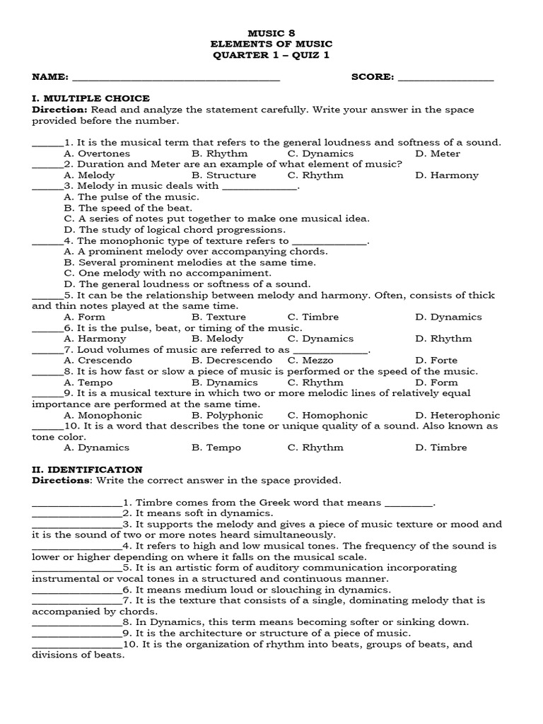 Quiz on 8 Elements of Music | PDF