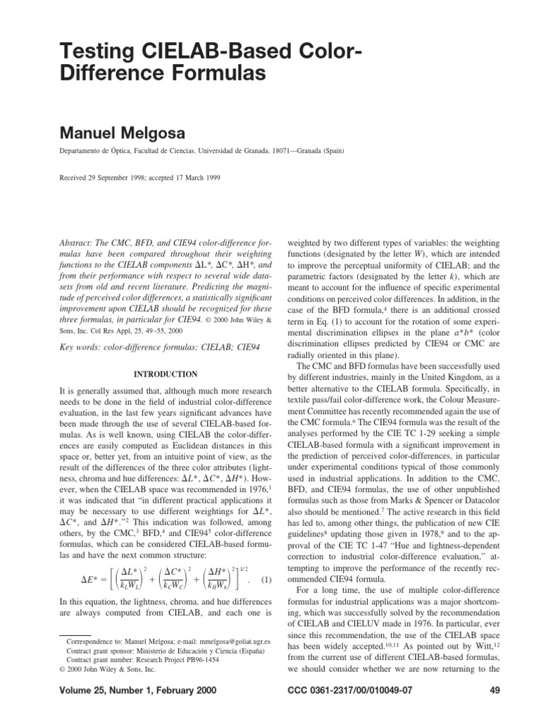2000 - MELGOSA - Testing CIELAB-Based Color Differences Formulas | PDF