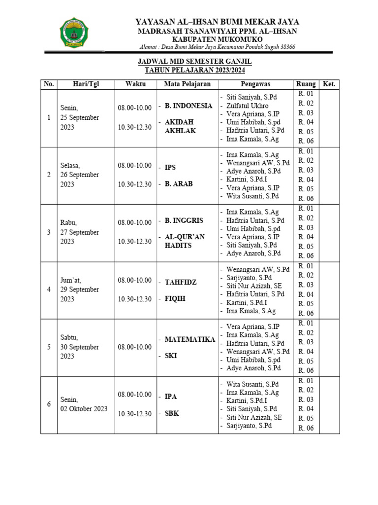 Jadwal Mid Semester Ganjil 2023-2024 | PDF