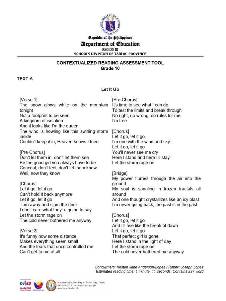 Grade 10 Contextualized Reading Assessment Tool Pdf