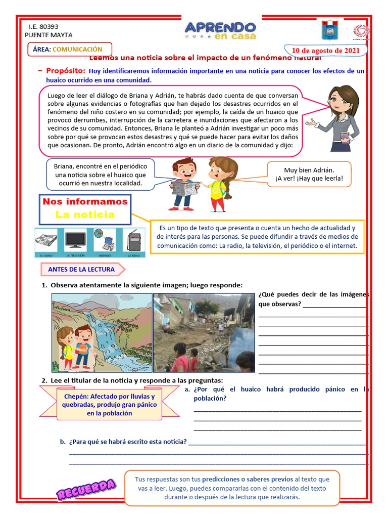 ACTIVIDAD Leemos Una Noticia Sobre El Impacto de Un Fenómeno Natural | PDF