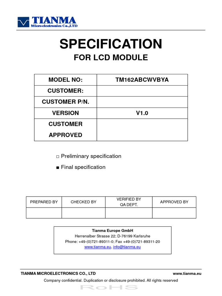 TM162A (16 Chars X 2 Row) LCD Datasheet | PDF