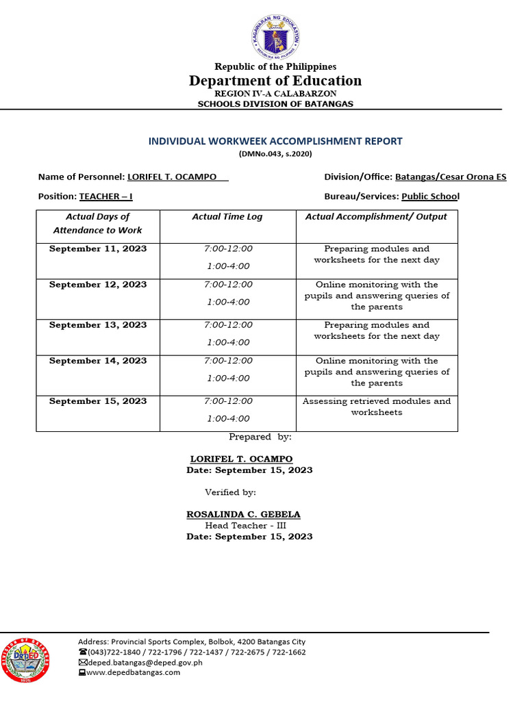 Weekly Accomplishment Report - SDO - Header Footer | PDF | Philippines ...