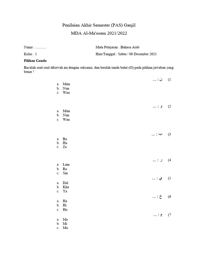 PAS Bahasa Arab Kelas 1 MDA | PDF