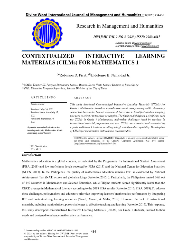 Contextualized Interactive Learning Materials Cilms For Mathematics Pdf