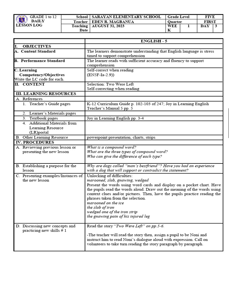 DLL ENGLISH5 Q1 Week1 Day3 | PDF