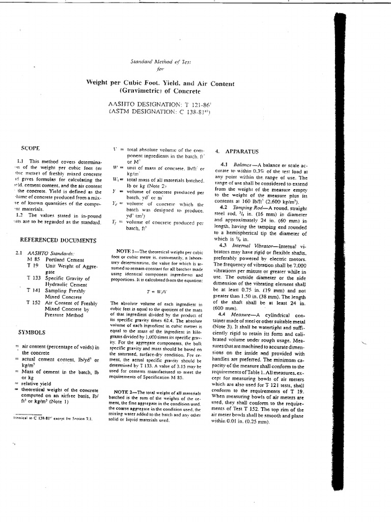 AASHTO T 121 Weight Per Cubic Foot Yield and Air Content of Conrete | PDF