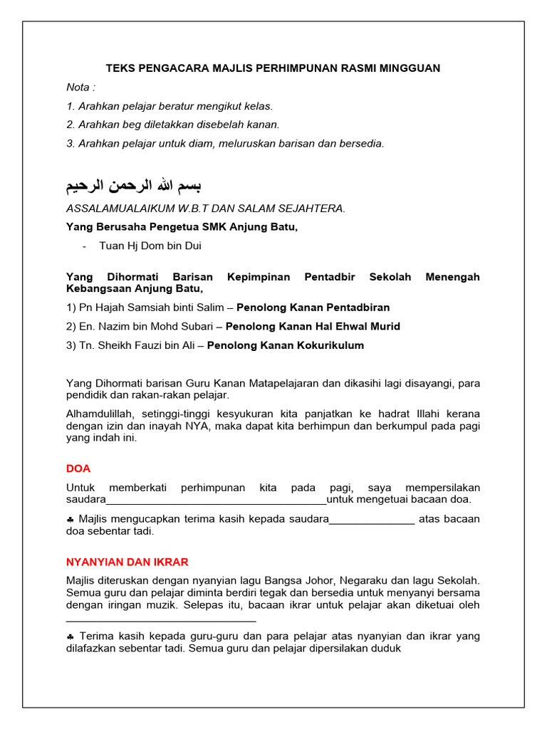 Teks Pengacara Majlis Perhimpunan Rasmi Mingguan | PDF