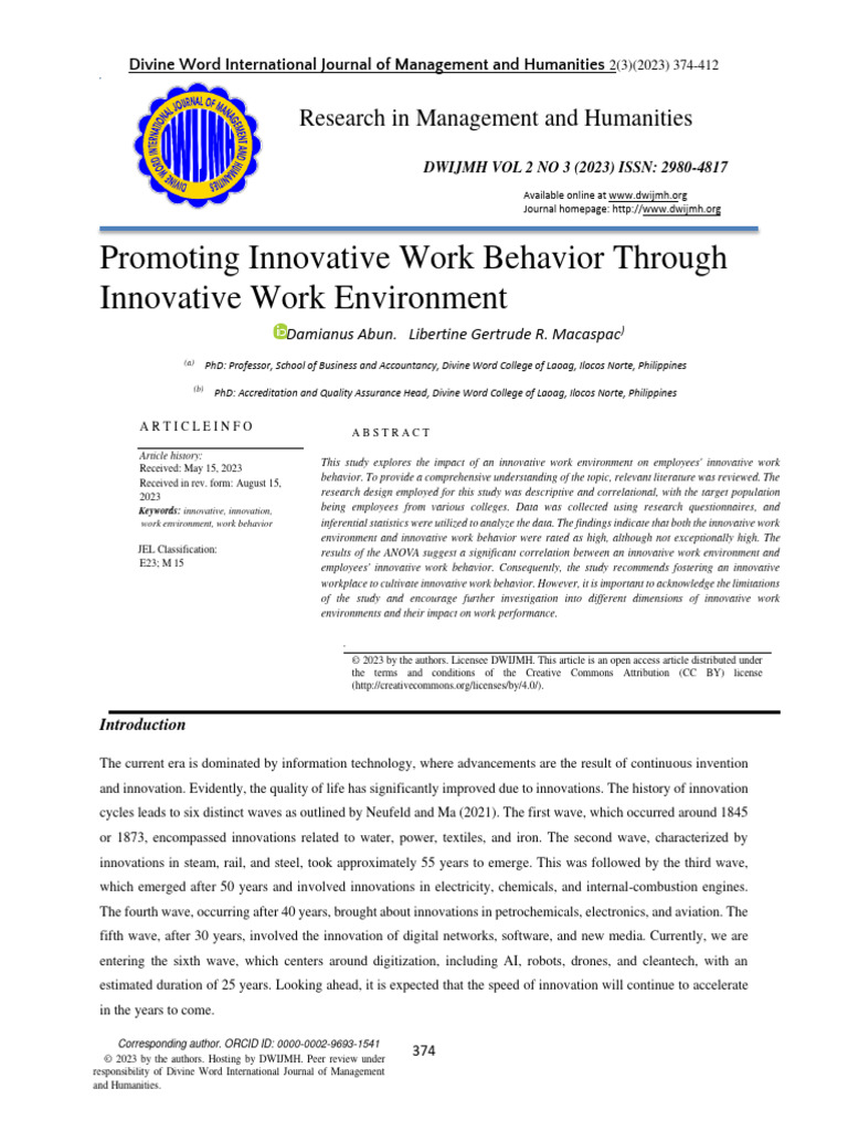 Promoting Innovative Work Behavior Through Innovative Work Environment | PDF