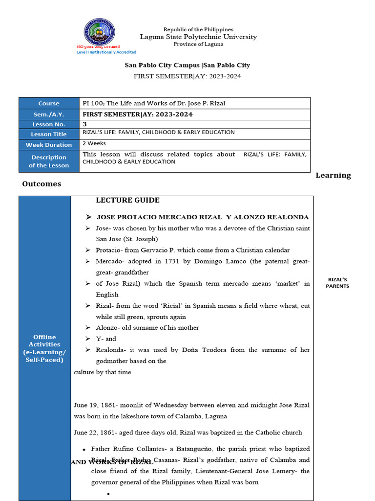 Rizal's Life Family, Childhood and Early Education | PDF