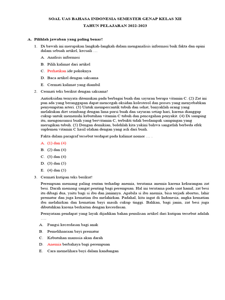 Soal Uas Bahasa Indonesia Semester Genap Kelas Xii | PDF