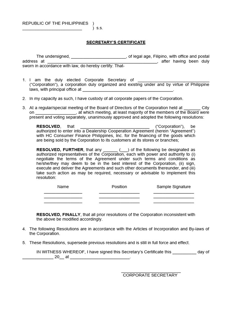 Secretary Certificate for Authorized Signatory | PDF | Governance ...