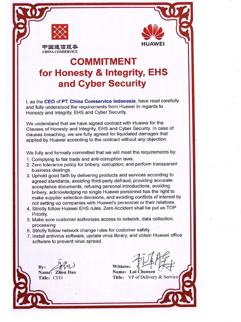 Commitment for Honesty & Integrity, EHS and Cyber Security PT China ...