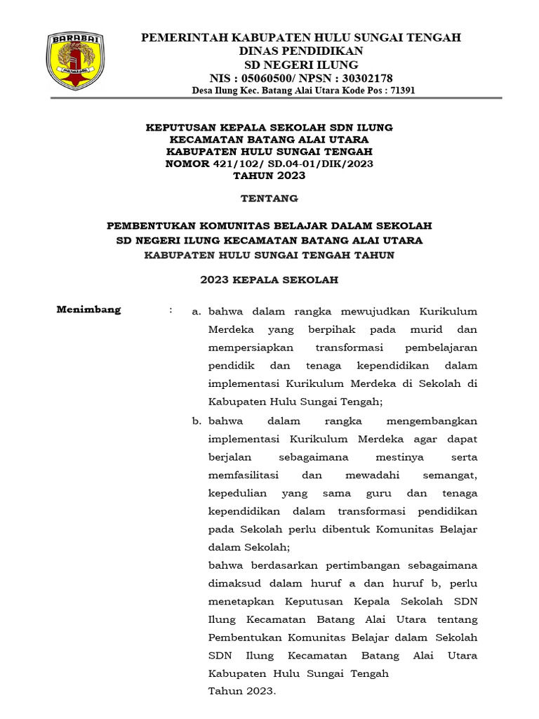 Format SK Komunitas Belajar dalam Sekolah HST (1) | PDF