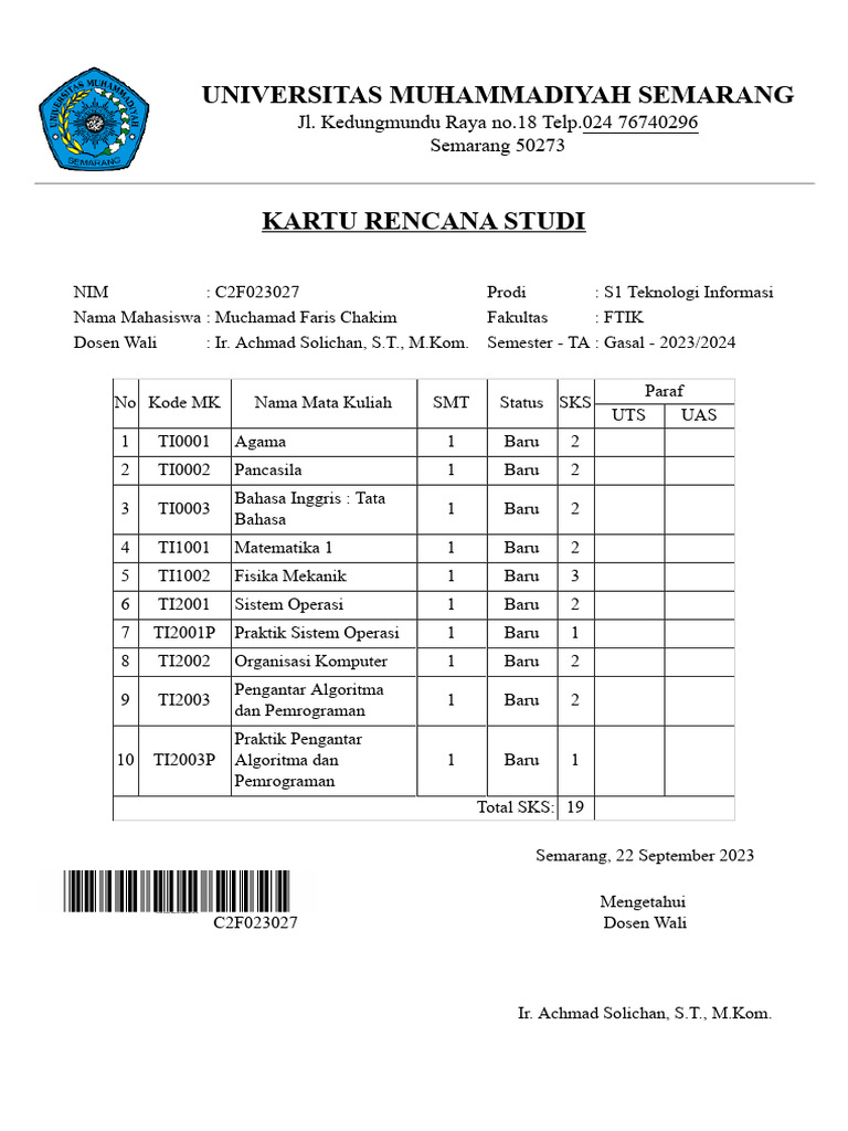 Https:/siamus - Unimus.ac - Id/buatmhs/krs/cetak Krs - PHP | PDF