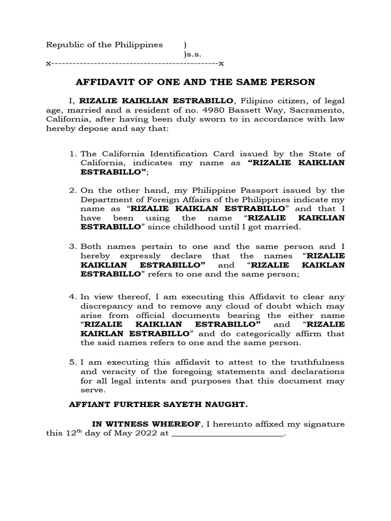 AFFIDAVIT OF ONE AND THE SAME PERSON | PDF
