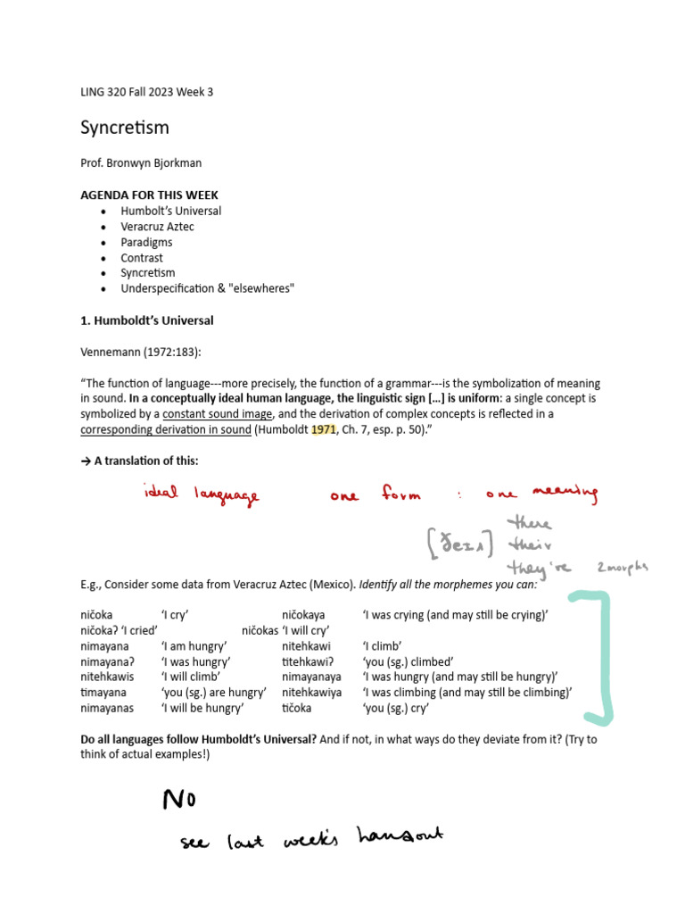 LING 320 Fall 2023 Week 3 Handout - Syncretism - Annotated | PDF