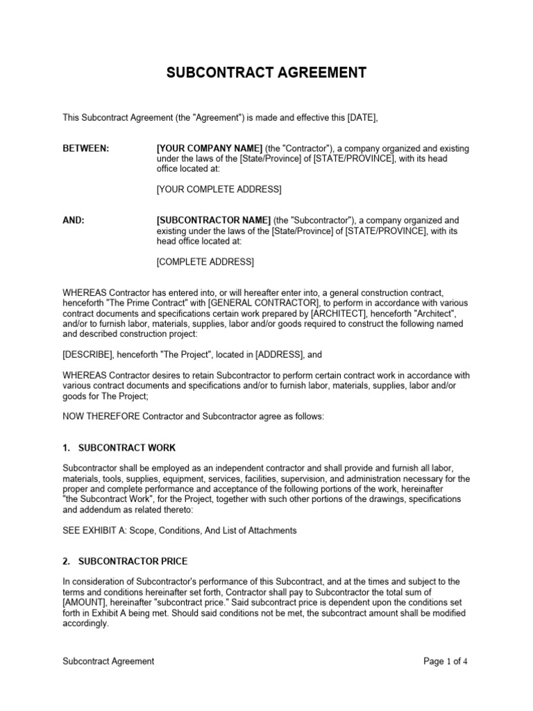 Subcontract Agreement Template | PDF